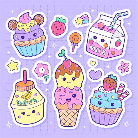 재미있는 디저트 캐릭터 컵케이크 아이스크림 요구르트 우유 만화 스타일 벡터 일러스트 세트 프리미엄 벡터
