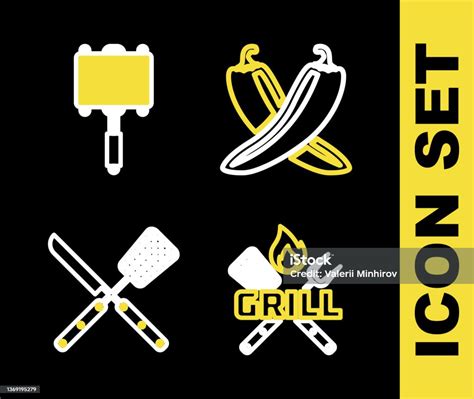 세트 라인은 뜨거운 칠리 페퍼 포드 포크와 주걱 칼과 바베큐 강철 그리드 아이콘을 교차 벡터 굽기에 대한 스톡 벡터 아트 및