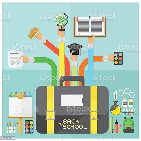 벡터 다시 학교 평면 디자인 현대 학교 용품 일러스트 배경 가방에 대한 스톡 벡터 아트 및 기타 이미지 가방 과학 교육 Istock