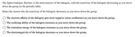 Solved The Lighest Halogen Fluorine Is The Most Reactive