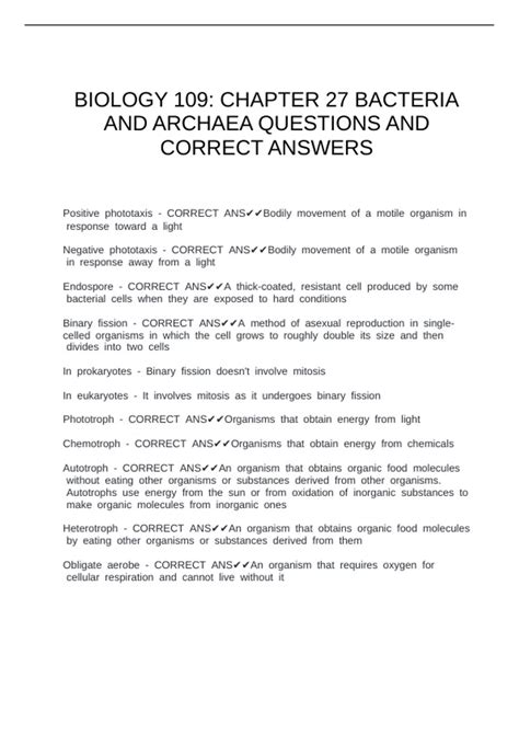 Biology 109 Chapter 27 Bacteria And Archaea Questions And Correct Answers Bio 109 Stuvia Us