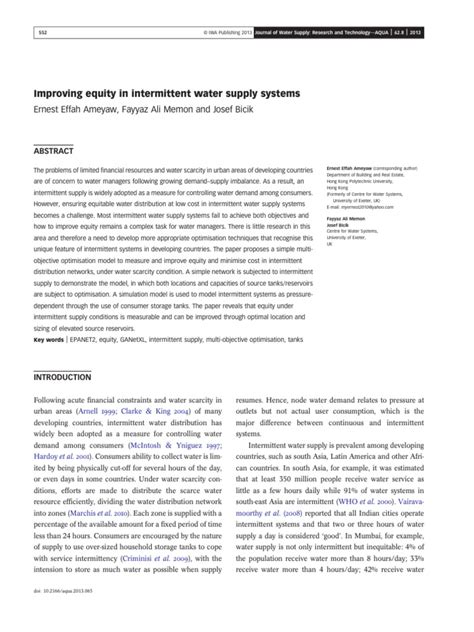 Improving Equity In Intermittent Water Supply Systems Pdf Mathematical Optimization Water