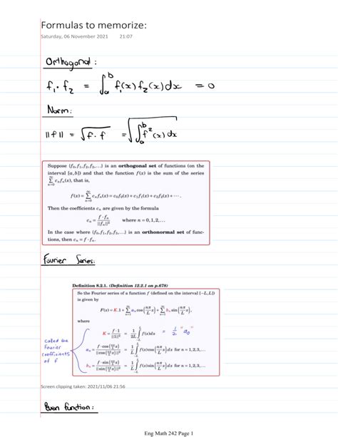 Math Formulas Orthogonal Norm Fourier Series