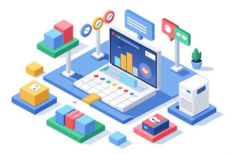 A Customizable Isometric Illustration Depicting Digital Analytics Workflow Tools And Sitemap