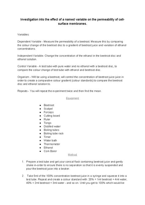 Investigation Into The Effect Of A Named Variable On The Permeability Of Cell Surface Membranes