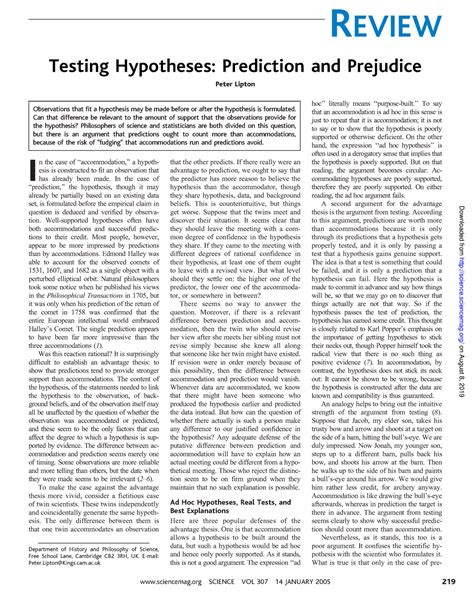 02 Lipton 2005 An Assigned Reading Testing Hypotheses Prediction