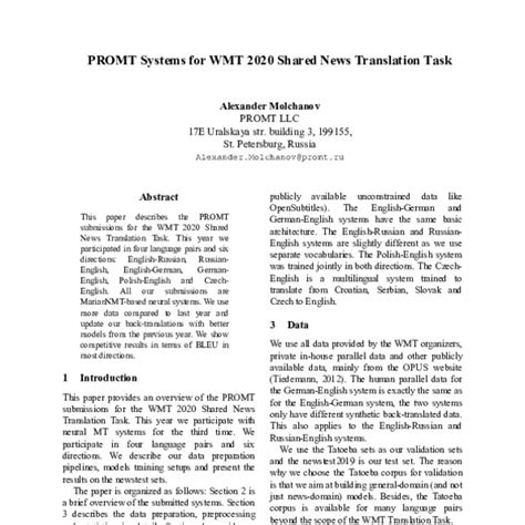 Promt Systems For Wmt 2020 Shared News Translation Task Acl Anthology