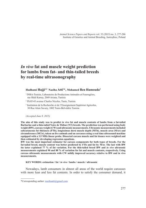Pdf In Vivo Fat And Muscle Weight Prediction For Lambs From Fat And Thin Tailed Breeds By Real