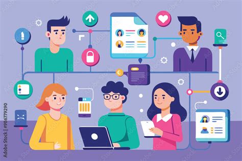 Diverse Characters Engage In User Flow Processes With Digital Devices And Visual Elements