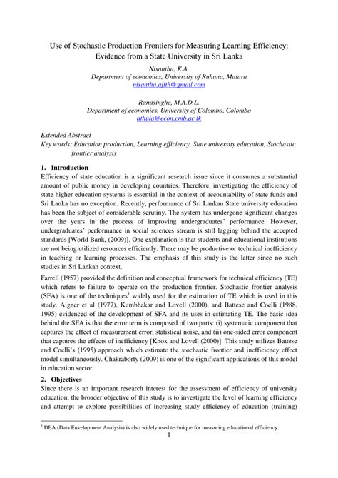 Pdf Use Of Stochastic Production Frontiers For Measuring Learning Efficiency Evidence From A