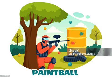 사람들 페인트볼을 연주하는 사람들 전투기 선수가 총을 쏘고 조준하고 플랫 만화 배경에서 필드 장면에서 총을 쏘는 벡터 일러스트