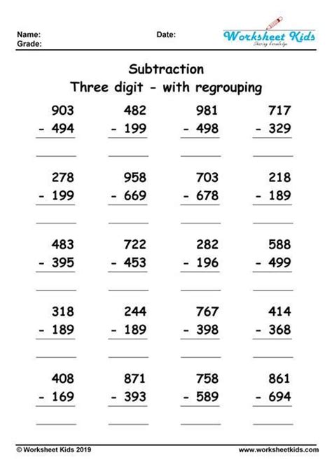 3 Digit Subtraction With Regrouping Worksheets 2nd Grade Free Pri In