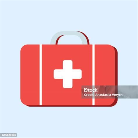 파란색 배경에 고립 된 평평한 스타일로 주치의의 응급 처치 키트 가방 벡터 스톡 일러스트레이션입니다 구급차 가방에 대한 스톡