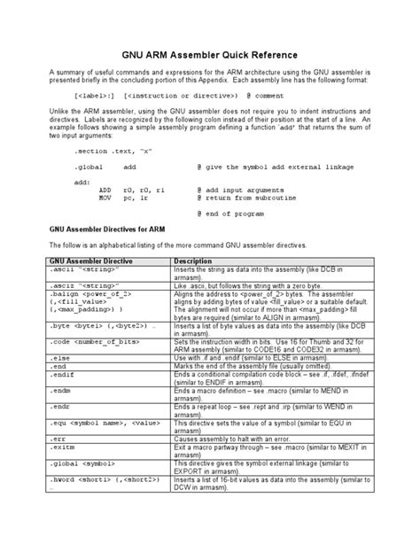 Gnu Arm Assembler Quick Reference Pdf Assembly Language Arm