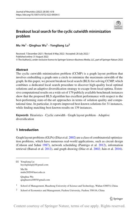 Breakout Local Search For The Cyclic Cutwidth Minimization Problem Request Pdf