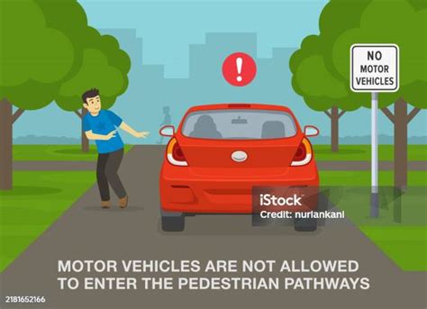 안전 운전 요령 및 교통 법규 남성 보행자는 차가 지나가자 무서워했습니다 자동차 금지 표지판 지역 벡터 일러스트 레이 션 거리에 대한 스톡 벡터 아트 및 기타 이미지