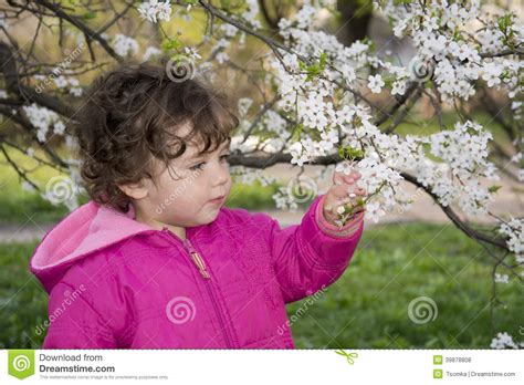 Jaillissent Dans Le Jardin Une Petite Fille Tenant Une Branche De