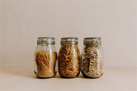 나무 테이블에 말린 조리되지 않은 식품 재료로 가득 찬 유리 항아리 용기 3 개 깔끔한에 대한 스톡 사진 및 기타 이미지 깔끔한 식료품 저장실 가정 생활 Istock