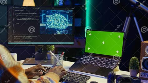 African American Web Developer Using Isolated Mockup On Pc And Writing Code Stock Image Image