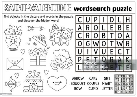 벡터 세인트 발렌타인 흑인과 백인 단어 찾기 퍼즐 아이들 사랑 휴일 퀴즈 교육 카와이 활동 색칠 공부 페이지 큐피드 하트 커플과 귀여운 영어 십자말 단어 밸런타인데이에 대한