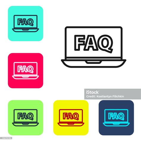 흰색 배경에 격리 된 검은 줄 노트북과 Faq 아이콘 조정 서비스 설정 유지 보수 수리 고정 색상 정사각형 단추로 아이콘을