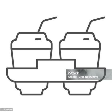 커피 컵 판지 홀더 얇은 라인 아이콘입니다 캐리 트레이 기호에 두 개의 뜨거운 음료 흰색 배경에 윤곽 스타일 그림 모바일 컨셉