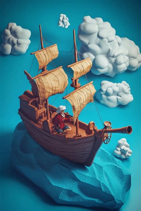 Isometric Depiction Of A Sailor Navigating A Ship With A Telescope Stock Illustration