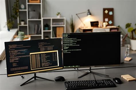 Premium Photo Background Image Of Two Computers At Workplace With Code Lines On Screen In It