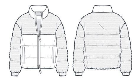 모피 폭격기 재킷 기술 패션 일러스트 다운 재킷 겉옷 패션 플랫 기술 도면 템플릿 Zipup 포켓 전면 및 후면보기 화이트 여성 남성 남녀 공용 Cad 모형 세트 0명에