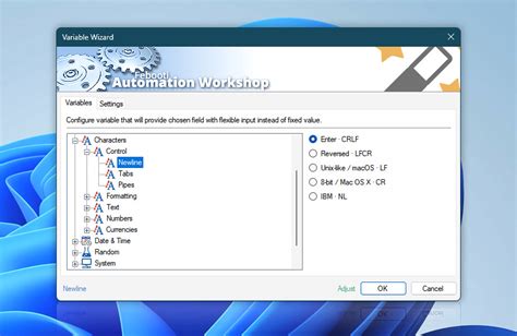 Control Characters Variable Wizard