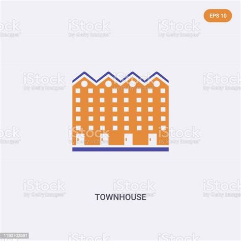 2 컬러 타운 하우스 개념 벡터 아이콘입니다 파란색과 주황색으로 디자인 된 격리 된 두 가지 색상 타운 하우스 벡터 기호 기호는 웹 모바일 및 로고에 사용할 수 있습니다