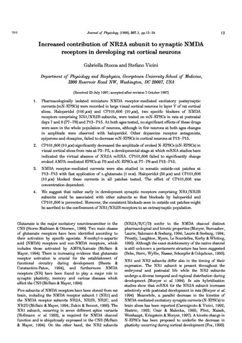 Pdf Increased Contribution Of Nr2a Subunit To Synaptic Nmda Receptors In Developing Rat