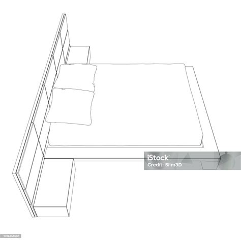 더블 침대의 등고선 그리기 침실을 위한 현대적이고 편안한 고급 가구 흰색 배경에 분리된 검은색 선의 베개가 있는 수면 침대의 윤곽 벡터 그림입니다 가구에 대한 스톡 벡터