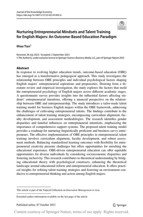 Nurturing Entrepreneurial Mindsets And Talent Training For English Majors An Outcome Based