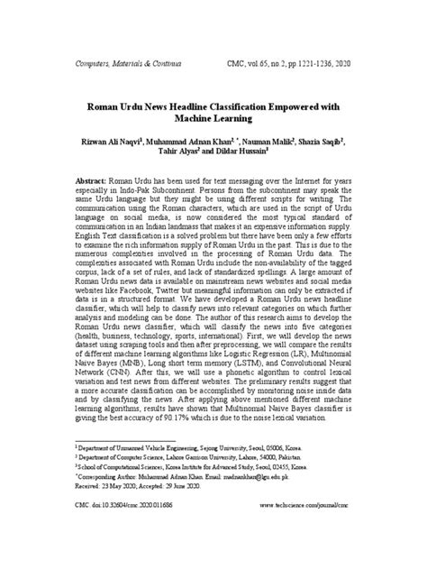 Roman Urdu News Headline Classification Empowered With Machine Learning Pdf Statistical