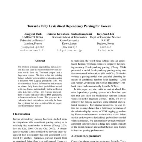 Towards Fully Lexicalized Dependency Parsing For Korean Acl Anthology