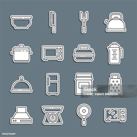 세트 라인 전자 레인지 강판 찻 주전자 바베큐 포크 요리 그릇 및 아이콘 벡터 가리기에 대한 스톡 벡터 아트 및 기타 이미지