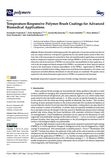 Pdf Temperature Responsive Polymer Brush Coatings For Advanced