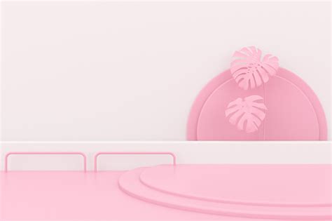 둥근 연단과 분홍색 몬스터 공장 파스텔 색상의 기하학적 형태와 건축 모형 디자인 제품 프리젠 테이션최소한의 추상적 인 장면 3d