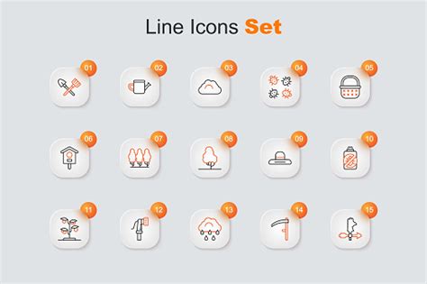 세트 라인 수탉 날씨 베인 낫 비가 내리는 구름 정원 호스 새싹 곤충에 대한 스프레이 농부 노동자 모자 및 과일 나무 아이콘 벡터 고리 세공에 대한 스톡 벡터 아트 및 기타