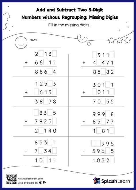 Add And Subtract Two 5 Digit Numbers Without Regrouping Missing Digits Math Worksheets