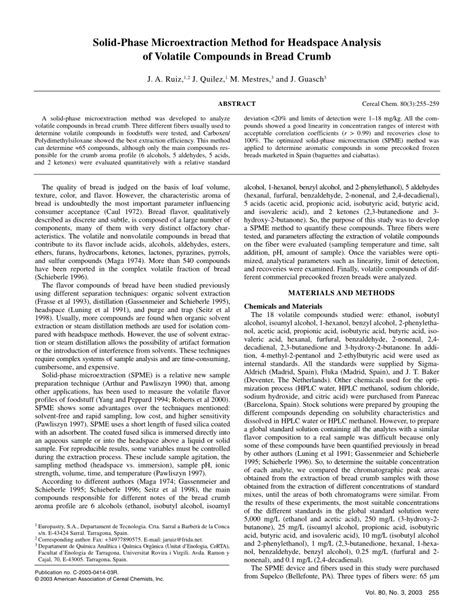 Pdf Solid Phase Microextraction Method For Headspace Analysis Of Volatile Compounds In Bread Crumb