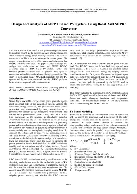 Pdf Design And Analysis Of Mppt Based Pv System Using Boost And Sepic Converter