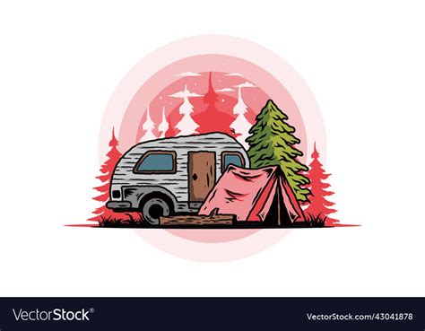 Teardrop Camper And Tent In Front Of Pine Tree Vector Image