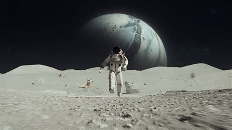 우주복을 입은 용감한 우주 비행사가 자신 있게 달 위를 걷는 장면에 이어 바위로 뒤덮였다 달에 착륙한 최초의 우주비행사 달 탐사선과 기지국 첨단 기술 우주 탐사 여행