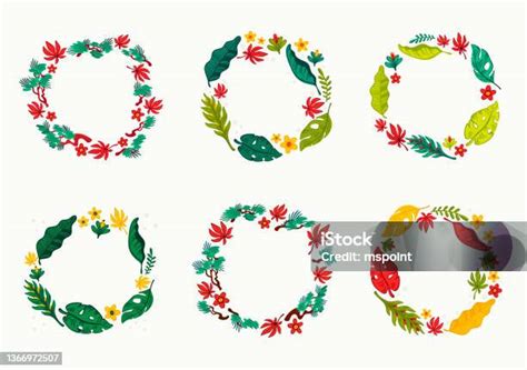 열대 화환 다양한 잎과 꽃꽃 꽃 라운드 프레임세트 흰색 배경에 격리 된 유기 플랫 스타일 벡터 일러스트레이션 열대 기후에 대한