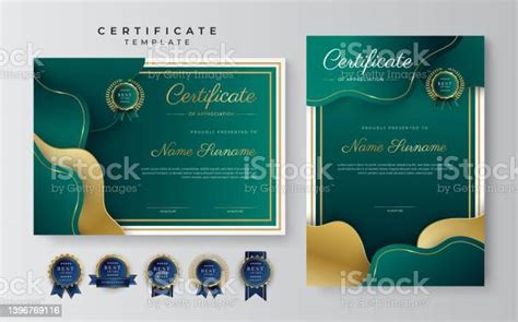 감사 템플릿 금색과 검은 색 녹색 색상의 인증서 골드 배지로 현대 인증서를 청소하십시오 고급 스러움과 현대적인 라인 패턴의 인증서 테두리 템플릿 디플로마 벡터 템플릿