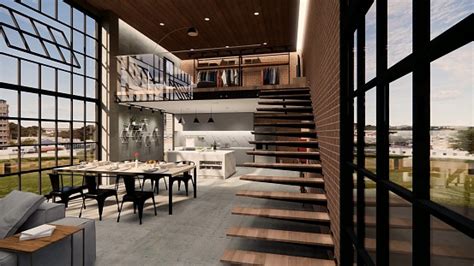 3d 렌더링 주방이 있는 현대적인 개방형 거실 공간 로프트 스타일의 듀플렉스 아파트 레지던스 홈 데코 명품 인테리어 디자인 2세대 주택에 대한 스톡 사진 및 기타 이미지