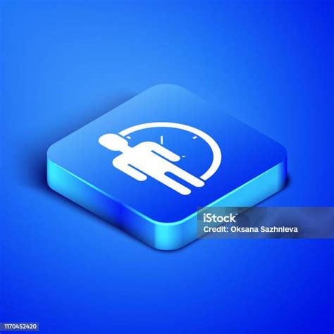 파란색 배경에 격리된 등각칭 시간 관리 아이콘입니다 시계 및 기어 기호 생산성 기호입니다 파란색 사각형 버튼입니다 벡터 일러스트레이션 0명에 대한 스톡 벡터 아트 및 기타