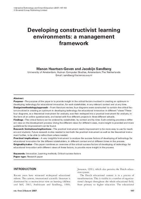 Pdf Developing Constructivist Learning Environments A Management Framework